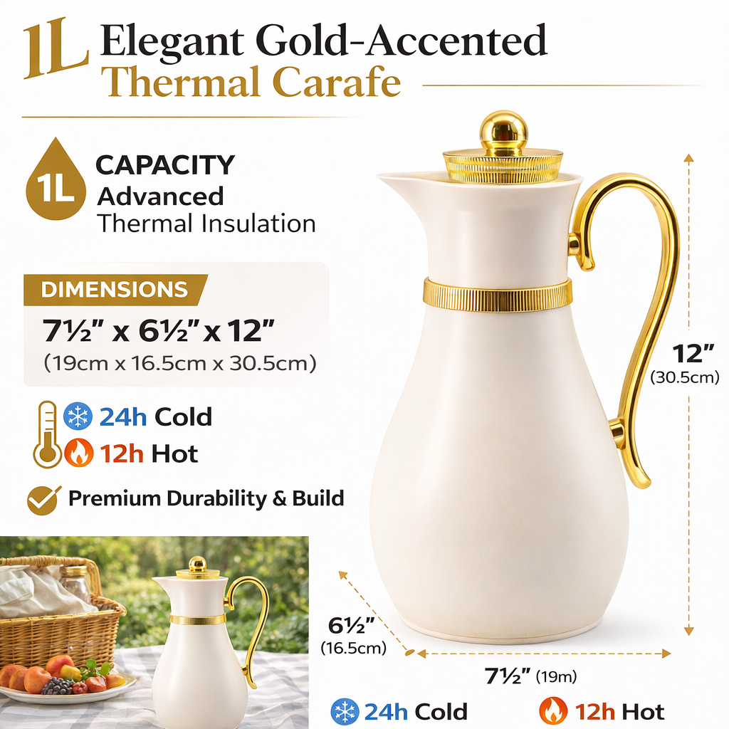 Luxury Insulated Arabic Coffee Carafe - White-Gold Finish