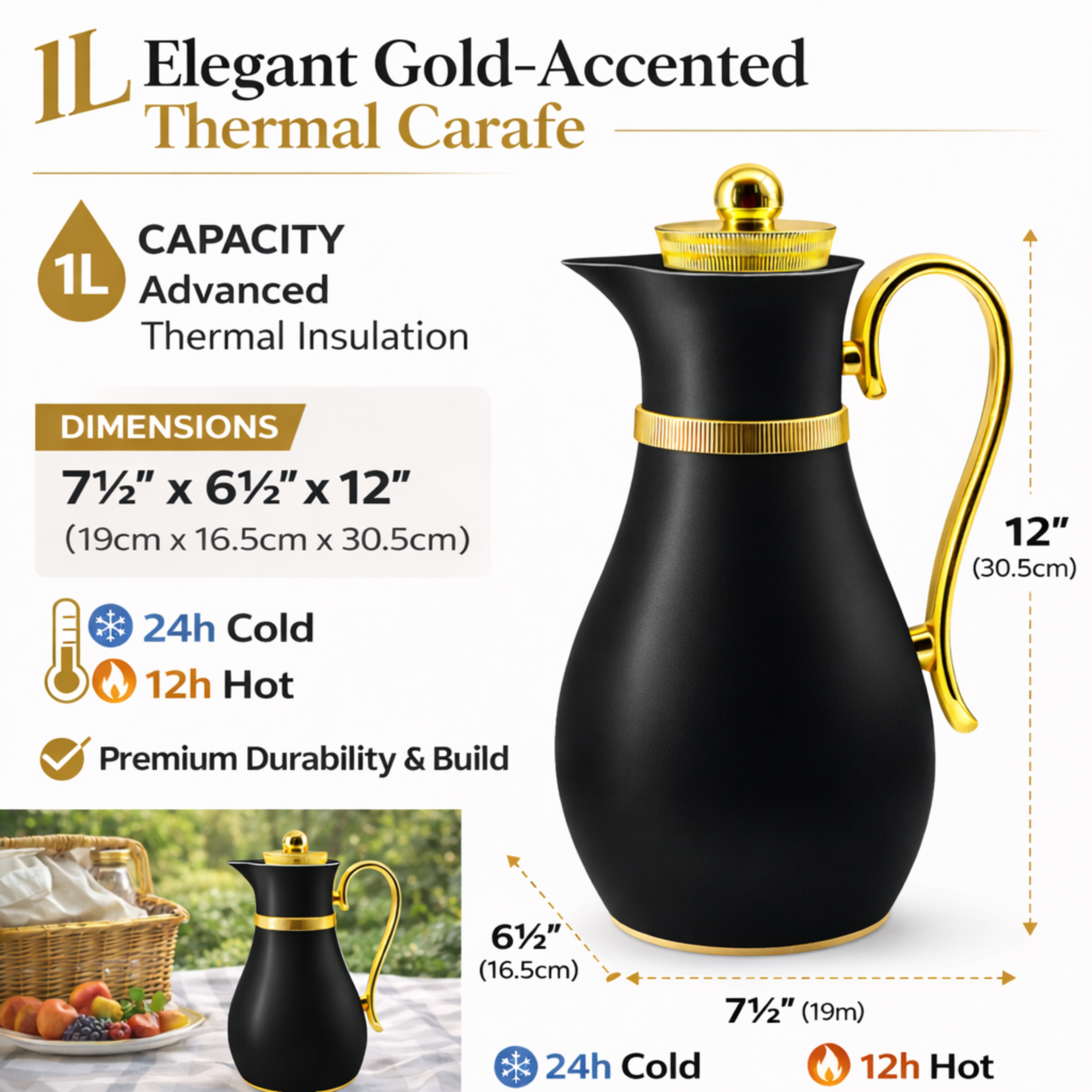 Luxury Insulated Arabic Coffee Carafe - Black-Gold Finish – EL ADHAM ...